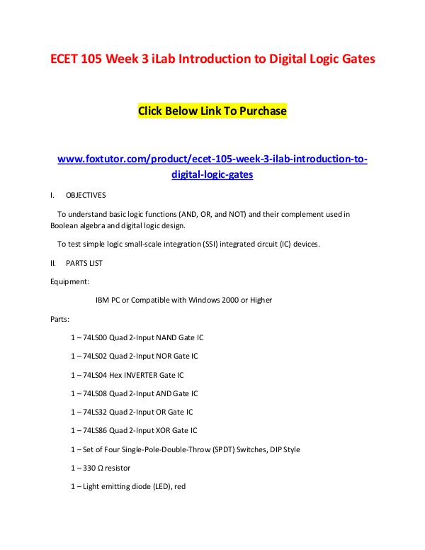 ECET 105 Week 3 iLab Introduction to Digital Logic Gates ECET 105 Week ...